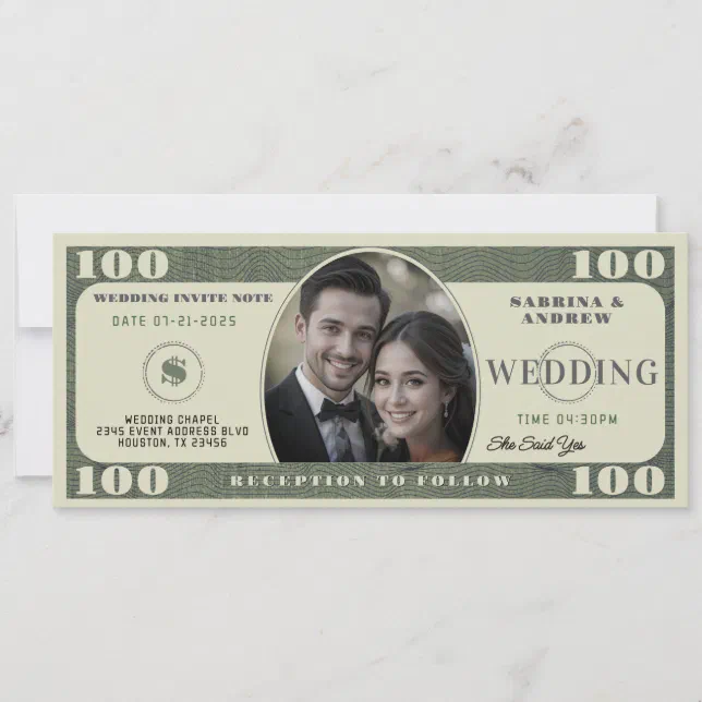 100 Dollar Bill Photo Wedding Invitation | Zazzle
