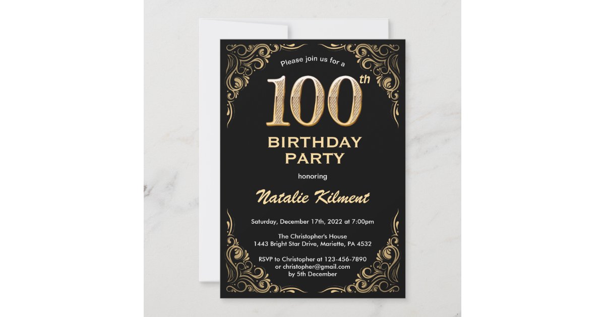 100th Birthday Black and Gold Glitter Frame Invitation | Zazzle