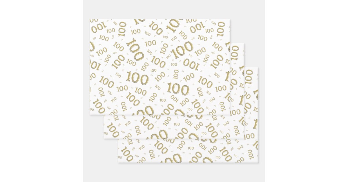 100th Birthday Gold and White Number Pattern 100 Wrapping Paper Sheet ...