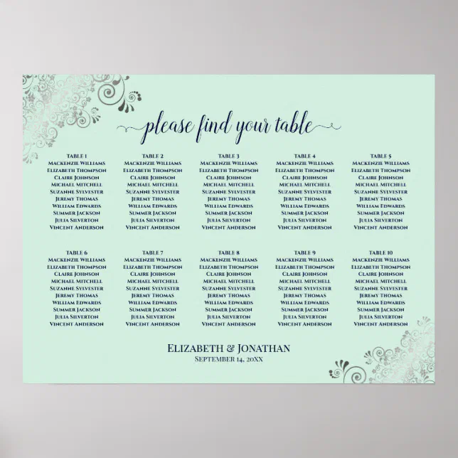 10 Table Wedding Seating Chart Mint Green & Navy | Zazzle