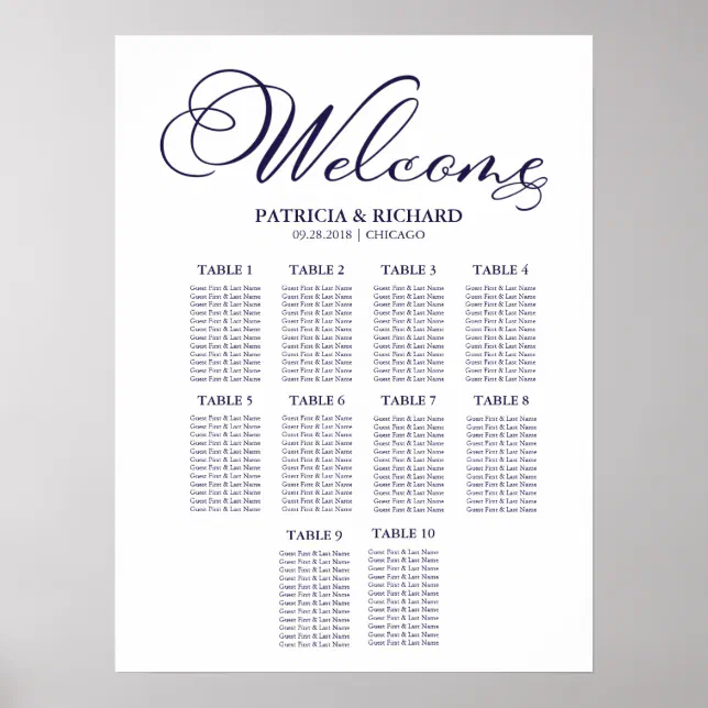 10 Tables Wedding Seating Chart Board Simple | Zazzle