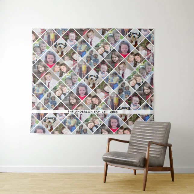 12 Square Photo Collage Grid with Text - white Tapestry | Zazzle