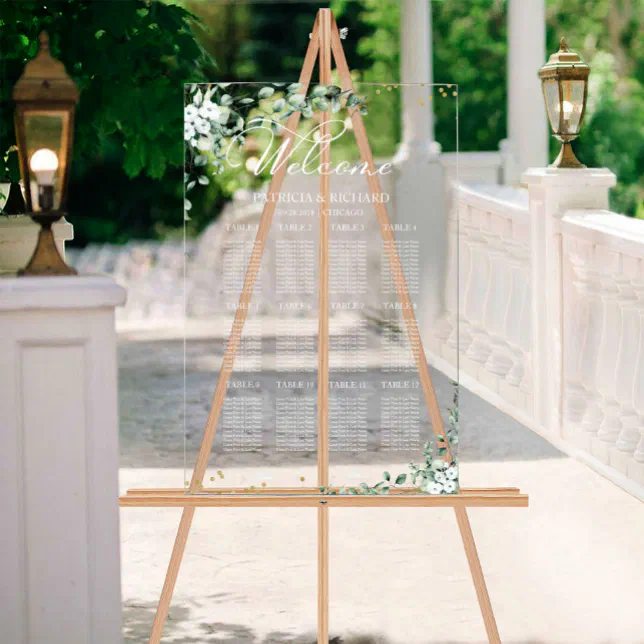 12 Tables Greenery Wedding Seating Plan Acrylic Sign | Zazzle