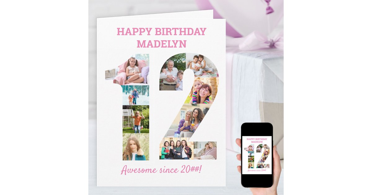 12th Birthday Number 12 Pink Photo Collage Card | Zazzle