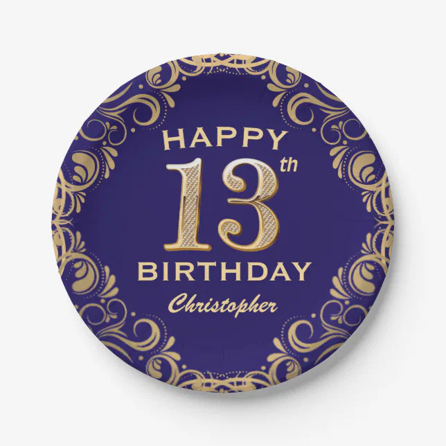 13th Birthday Party Navy Blue and Gold Glitter Paper Plate | Zazzle