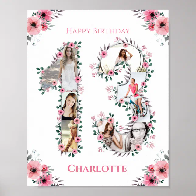 13th Birthday Pink Flower Girl Photo Collage White Poster | Zazzle
