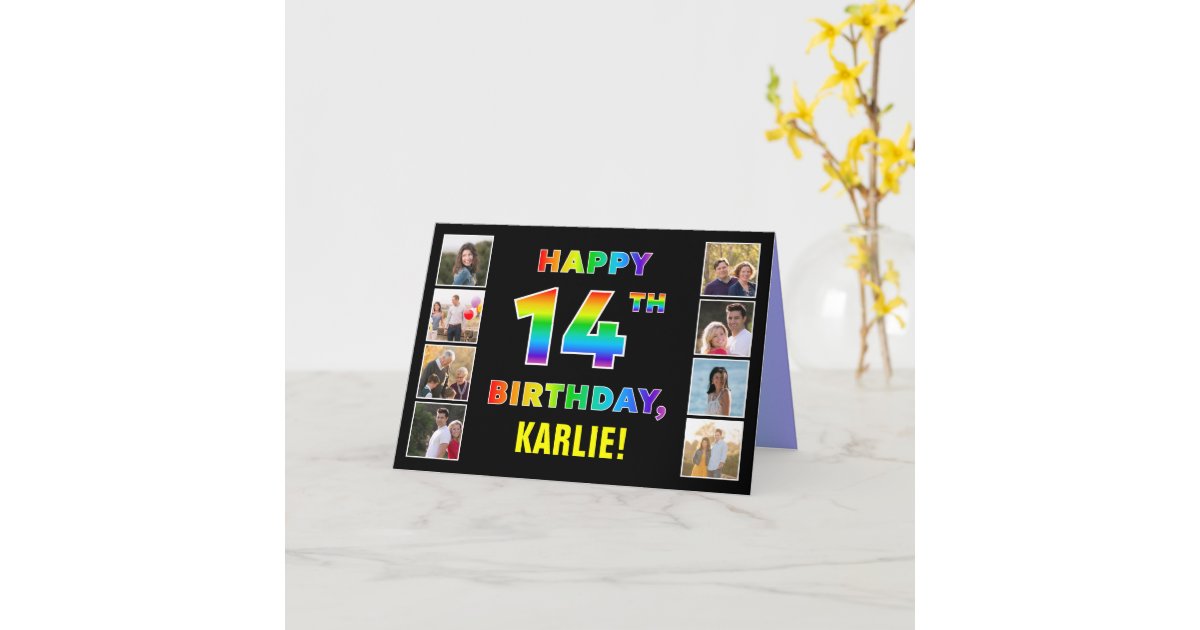 14th Birthday: Rainbow Text, Custom Photos & Name Card | Zazzle