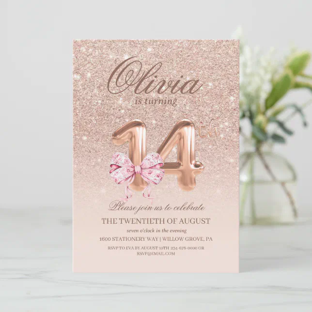 14th Birthday Rose Pink Gold Bow Birthday Party Invitation | Zazzle