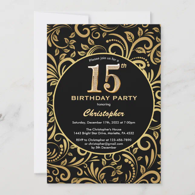 15th Birthday Black and Gold Floral Pattern Invitation | Zazzle