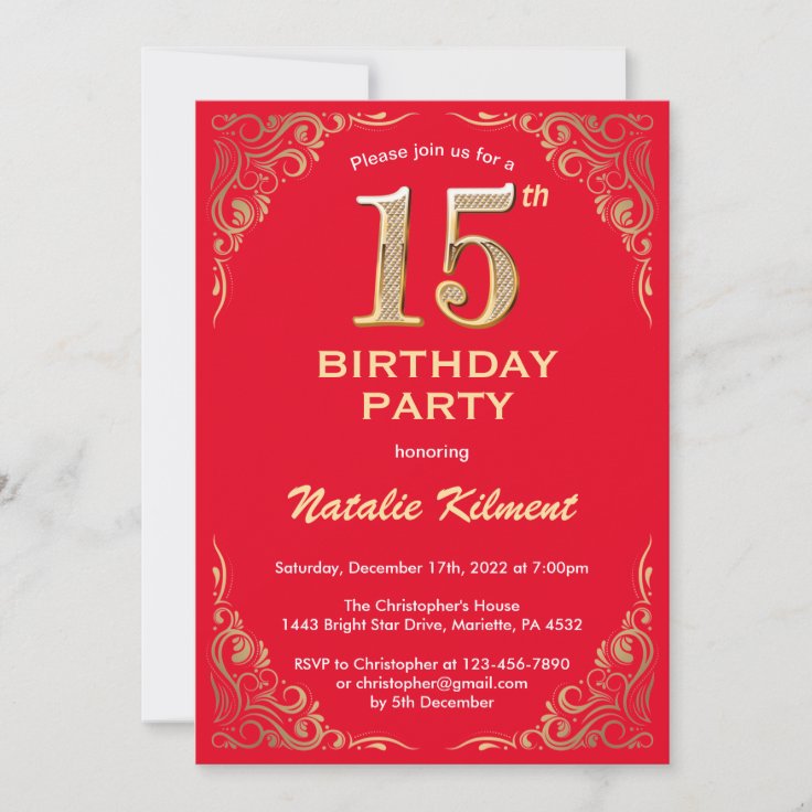 15th Birthday Red and Gold Glitter Frame Invitation | Zazzle