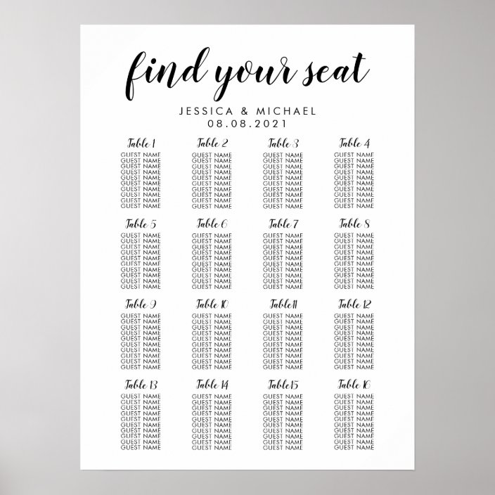 16 Table Large Wedding Guest Seating Chart | Zazzle.co.uk