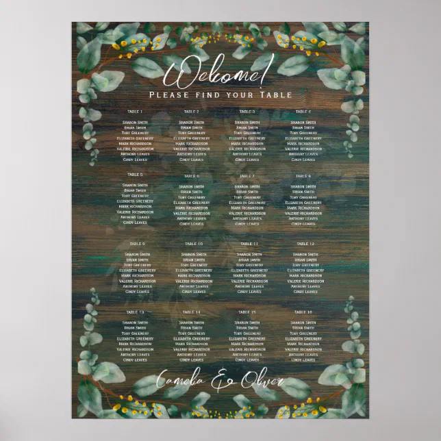 16 Table Rustic Wood Greenery Eucalyptus SEATING P Poster | Zazzle