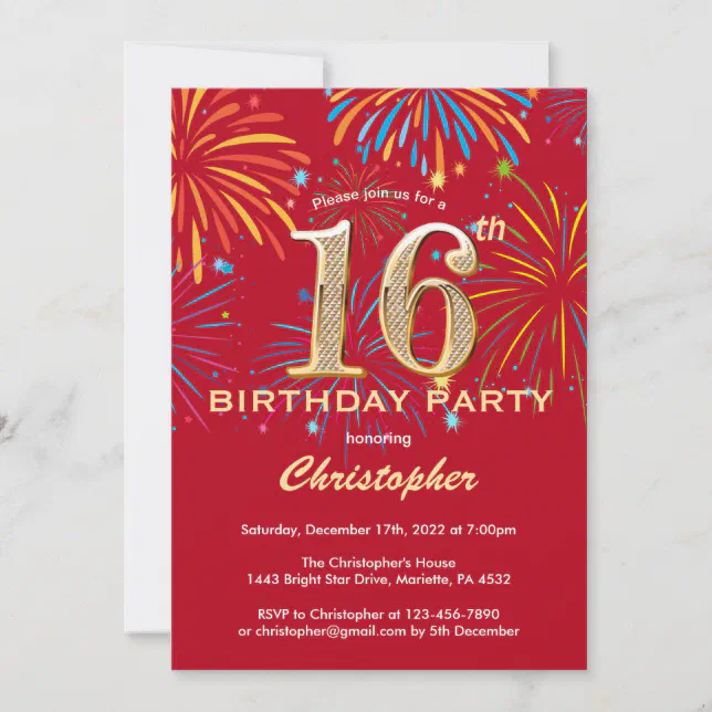 16th Birthday Red and Gold Rainbow Fireworks Invitation | Zazzle