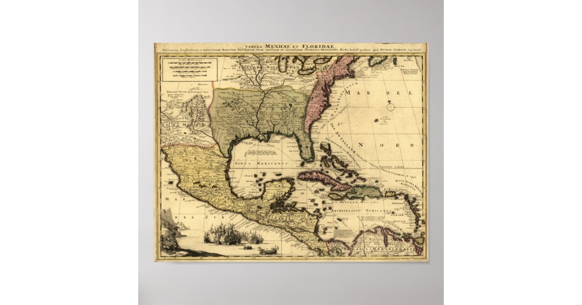 1710 Map of Mexico, Caribbean and North America Poster | Zazzle