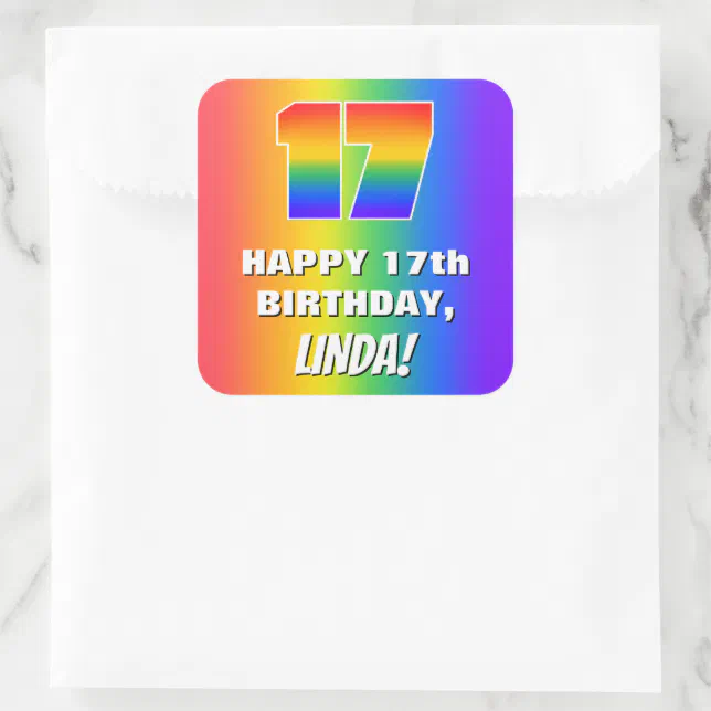 17th Birthday: Colorful, Fun Rainbow Pattern # 17 Square Sticker | Zazzle