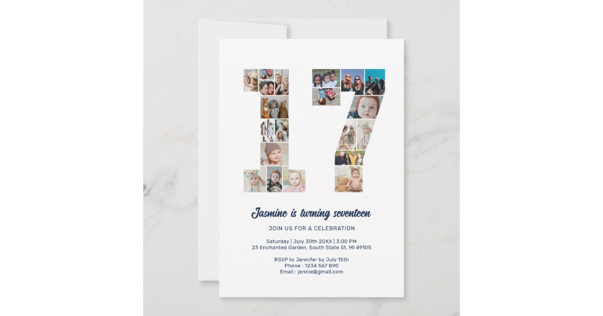 17th Birthday Number 17 Custom Photo Collage Invitation | Zazzle