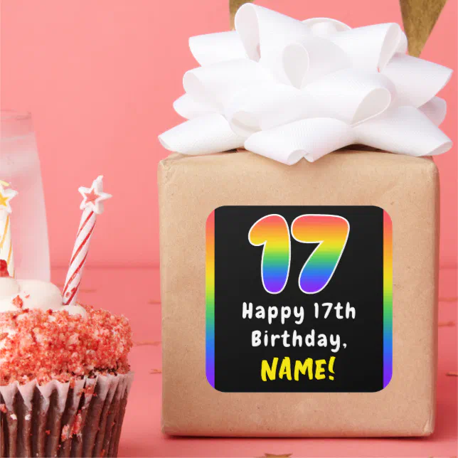 17th Birthday: Rainbow Spectrum # 17, Custom Name Square Sticker | Zazzle