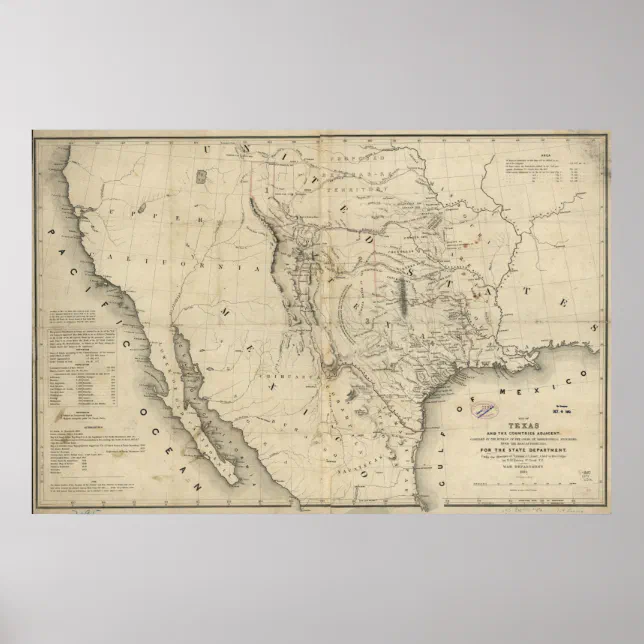 1844 Map of Republic of Texas & Countries Adjacent Poster | Zazzle