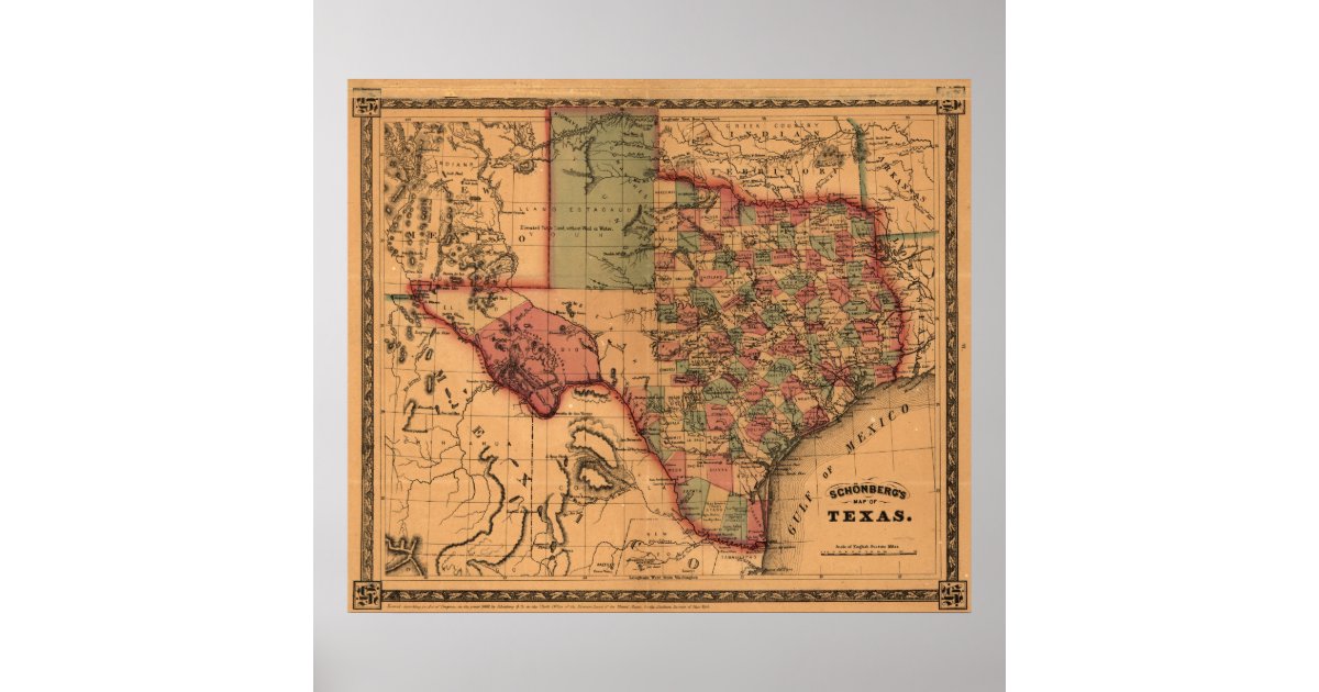 1866 Map of Texas Poster | Zazzle