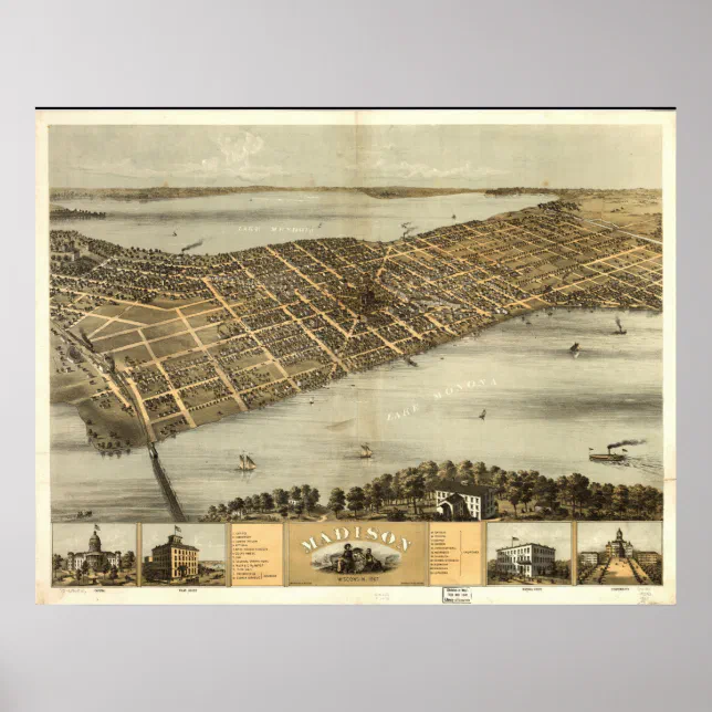 1867 Madison, WI Birds Eye View Panoramic Map Poster | Zazzle
