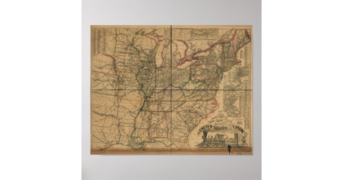 1871 Railroads and Distance Map of U.S. & Canada Poster | Zazzle