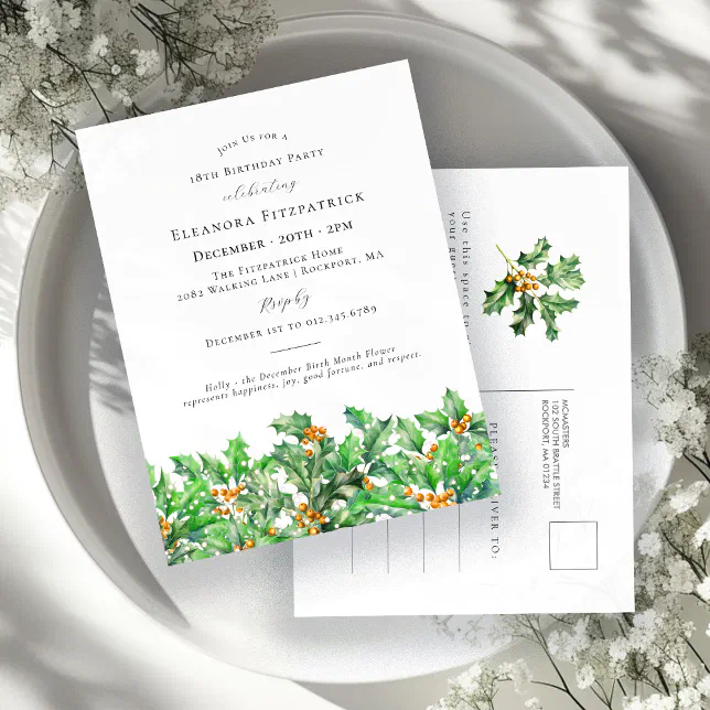 18th Birthday Holly December Birth Month Flower\ Invitation Postcard ...