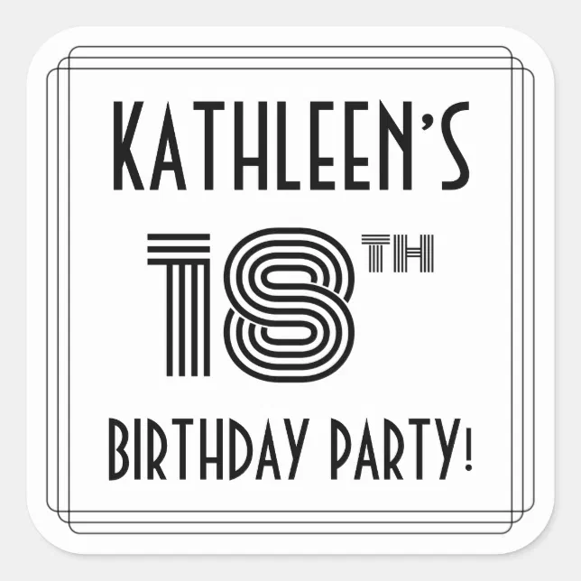 18th Birthday Party: Art Deco Style + Custom Name Square Sticker | Zazzle
