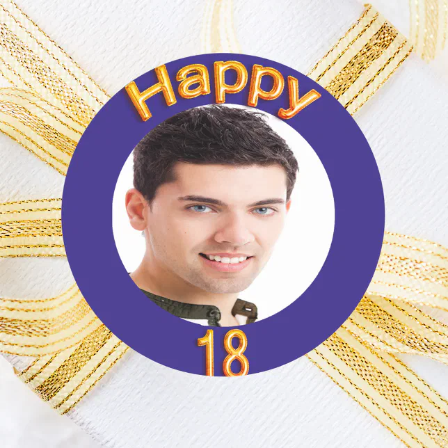 18th birthday party bkue gold photo classic round sticker | Zazzle