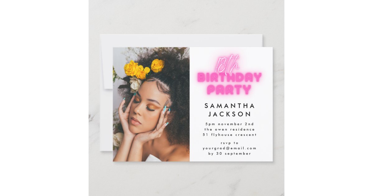 18th Birthday Party Photo Pink Neon Lumo Lights Invitation | Zazzle