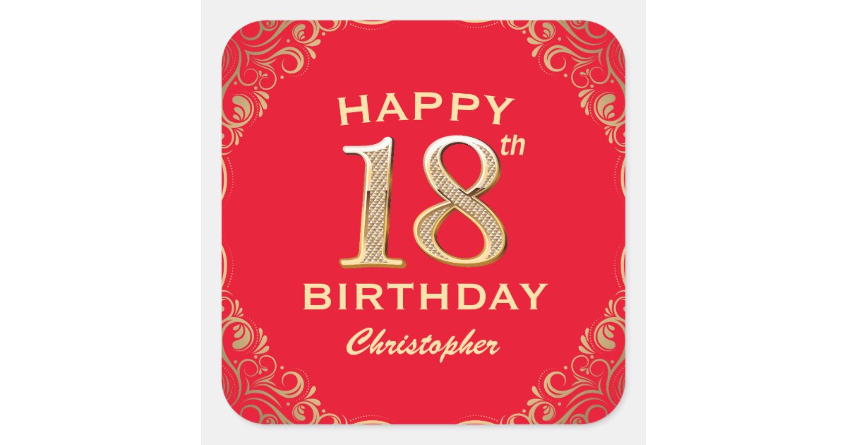 18th Birthday Party Red and Gold Glitter Frame Square Sticker | Zazzle