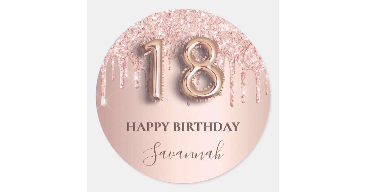 18th birthday rose gold glitter pink balloon style classic round ...