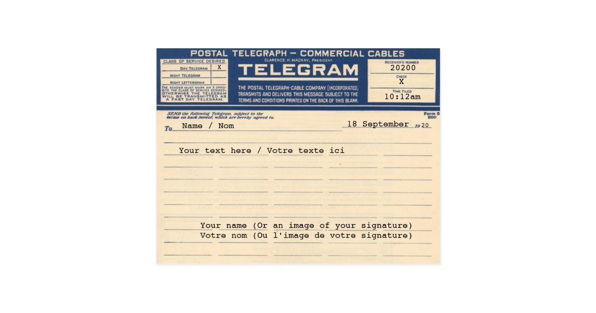 1920 Postal Telegram (Postcard) Postcard | Zazzle.co.uk