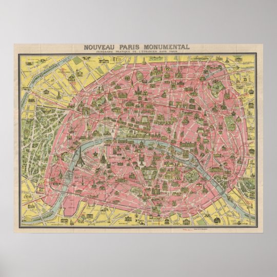 1920 Scenic Sights Travel Map of Paris, France Poster | Zazzle.co.uk