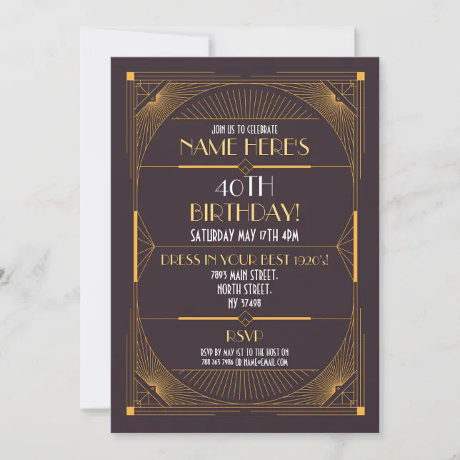 1920's Art Deco Birthday Gatsby Party Black & Gold Invitation | Zazzle