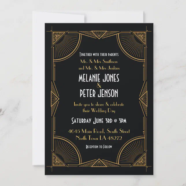 1920's Art Deco Wedding Gatsby Party Black & Gold Invitation | Zazzle
