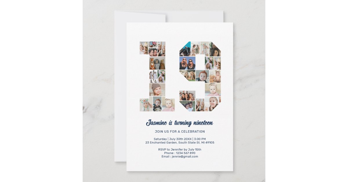 19th Birthday Number 19 Custom Photo Collage Invitation | Zazzle