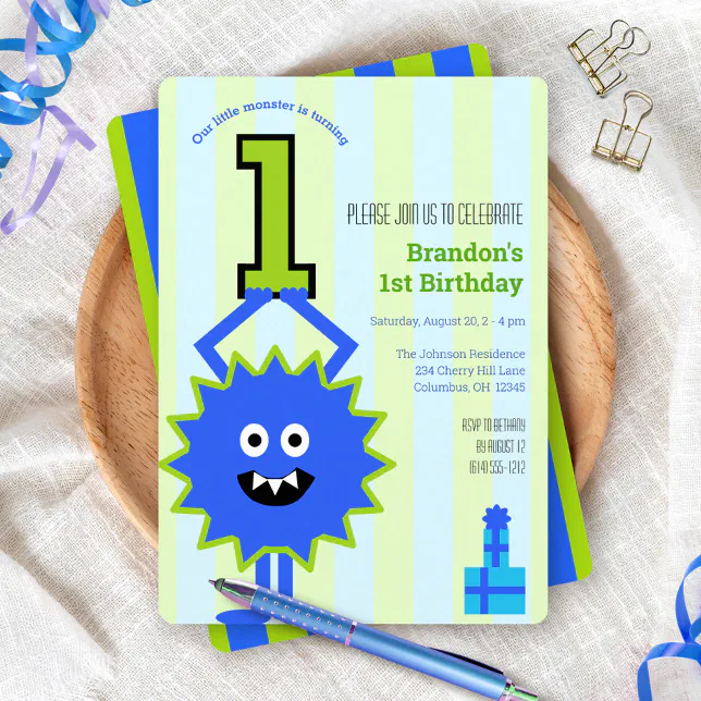 1st Birthday Little Monster Boy Blue Green Stripes Invitation | Zazzle