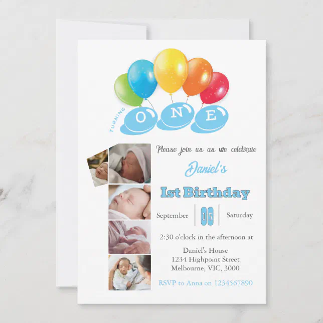 1st birthday photo collage number 1 Boy Invitation | Zazzle