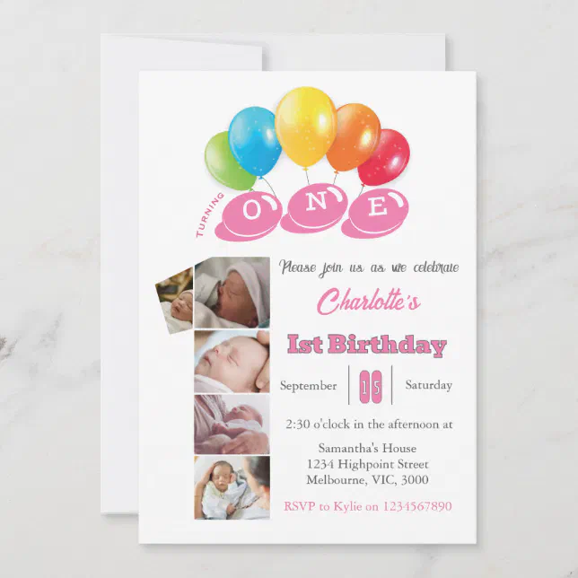 1st birthday photo collage number 1 Girl Invitation | Zazzle
