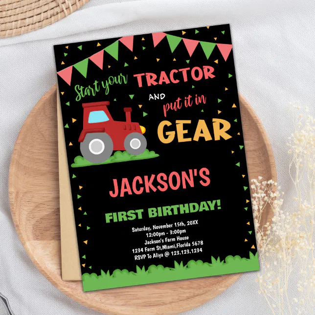 1st Red Flags Tractor Birthday Invitations | Zazzle