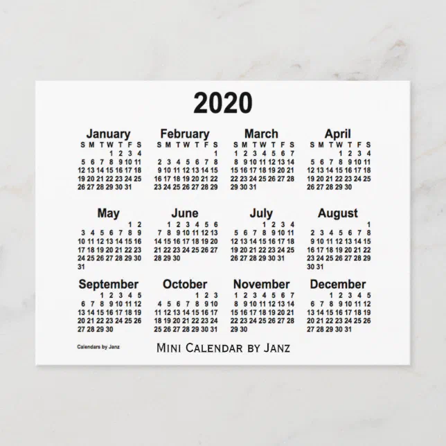 2020 White Mini Calendar by Janz Postcard | Zazzle
