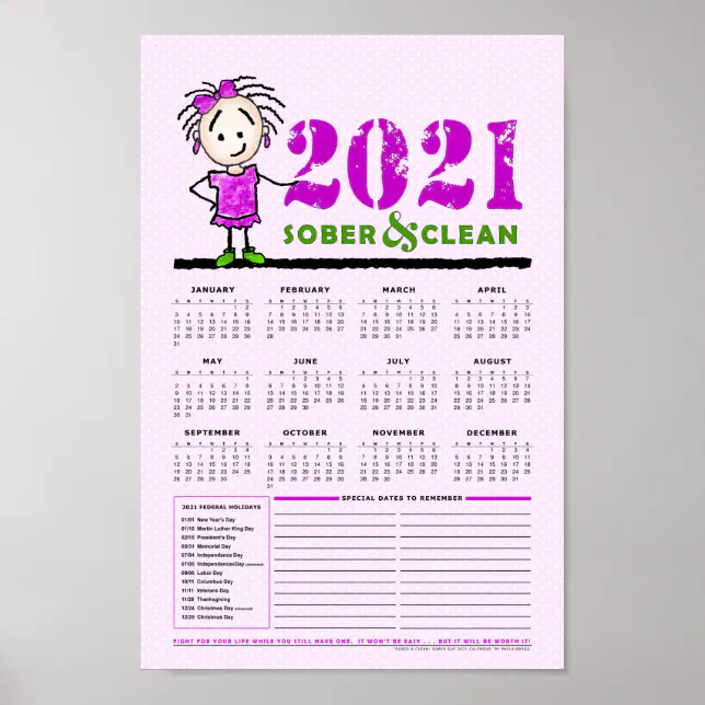 2021 Sober & Clean Recovery Yearly Calendar Poster | Zazzle