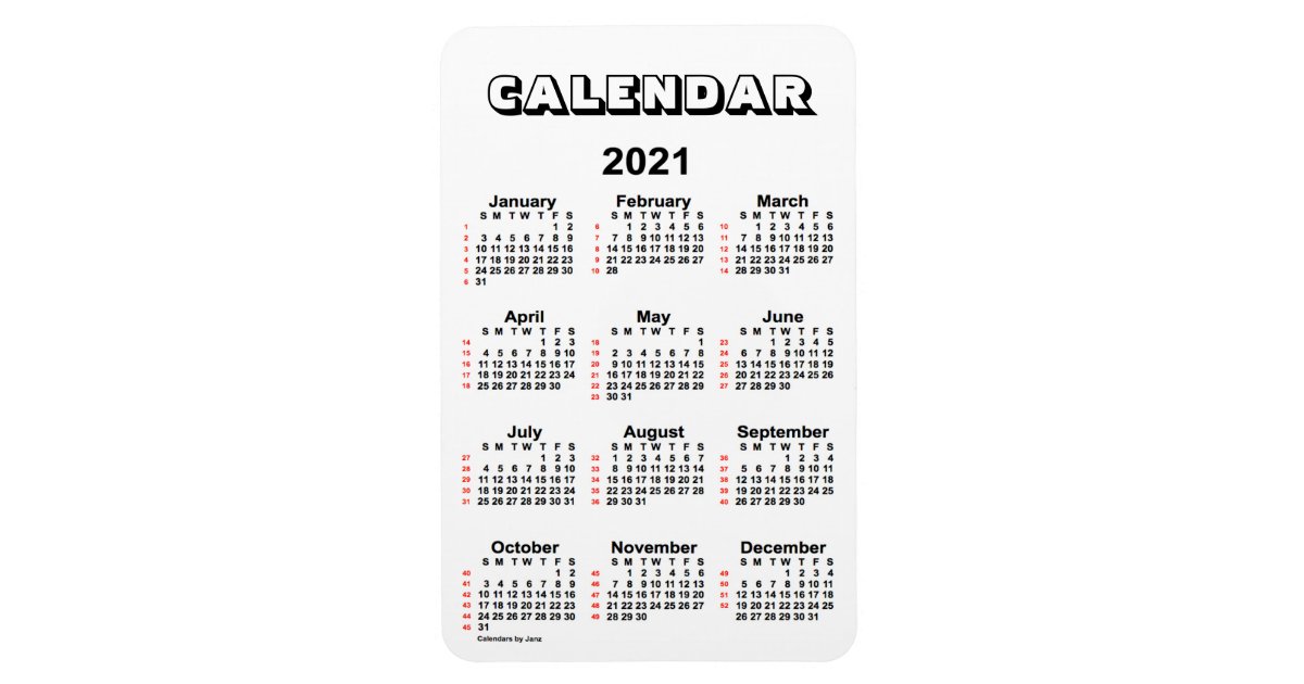 2021 White 52 Weeks Calendar by Janz 4x6 Magnet | Zazzle