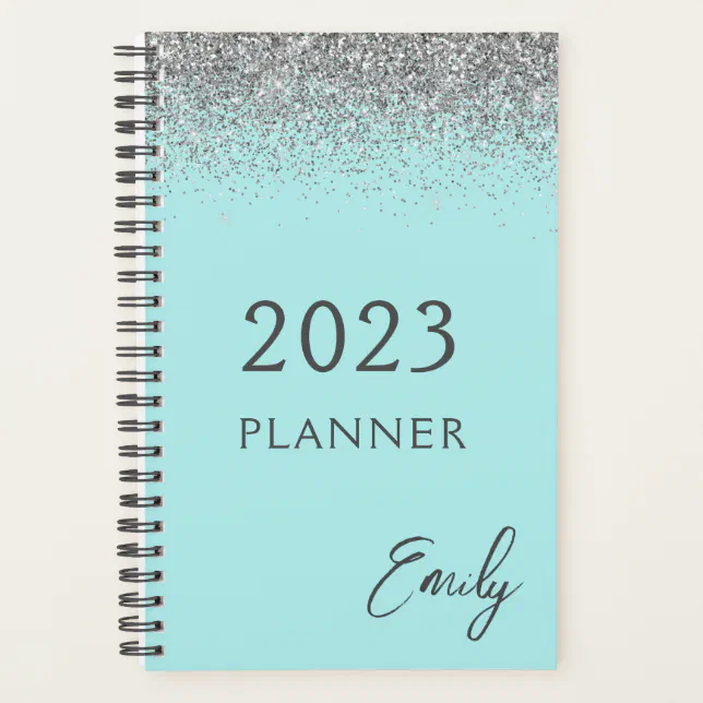 2023 Aqua Blue Teal Silver Glitter Monogram Planner | Zazzle