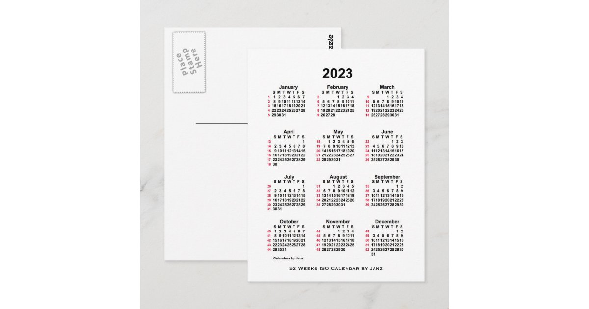 2023 White 52 Week ISO Calendar by Janz Postcard | Zazzle