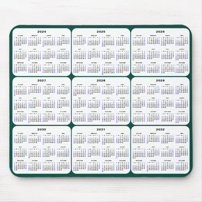 2024 - 2032 Calendar with US Holidays Dark Green Mouse Mat | Zazzle