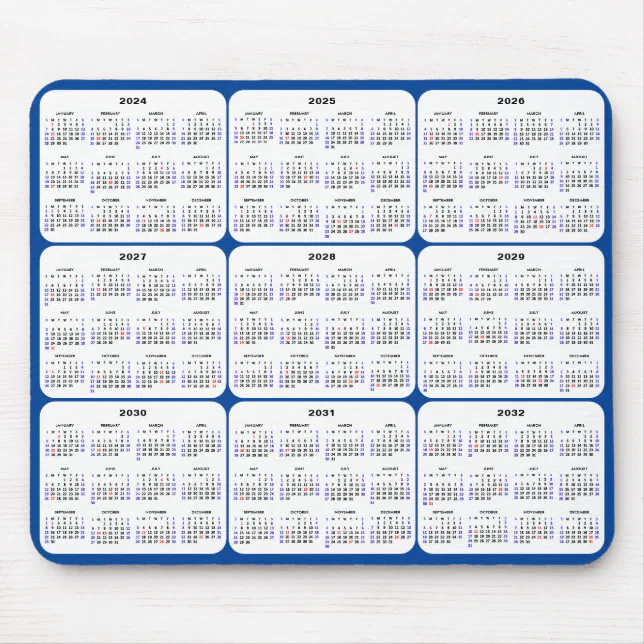 2024 - 2032 Calendar with US Holidays on Navy Blue Mouse Mat | Zazzle