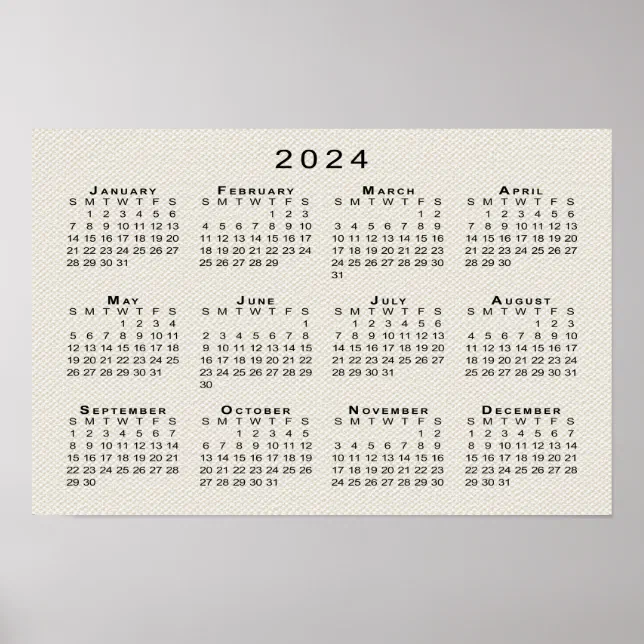 2024 Calendar on Faux Canvas Texture Template Poster | Zazzle