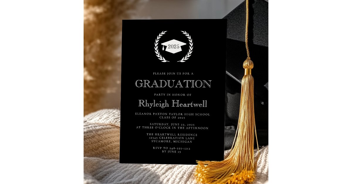 2025 Black White Laurel Wreath Cap Grad Party Invitation | Zazzle