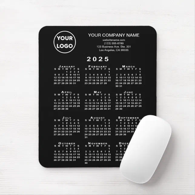 2025 Calendar Business Logo and Text on Black Mouse Mat | Zazzle